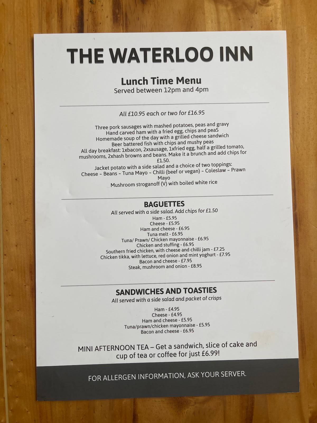 Menu at Waterloo Inn pub & bar, Newport, St Mary's Rd