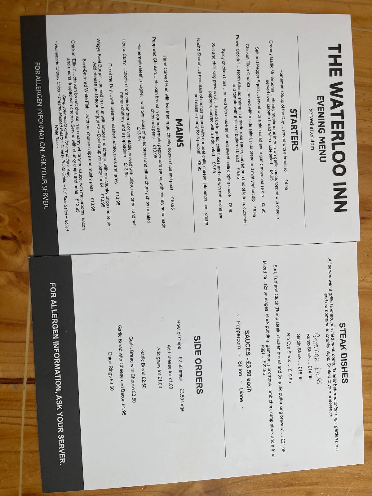 Menu at Waterloo Inn pub & bar, Newport, St Mary's Rd