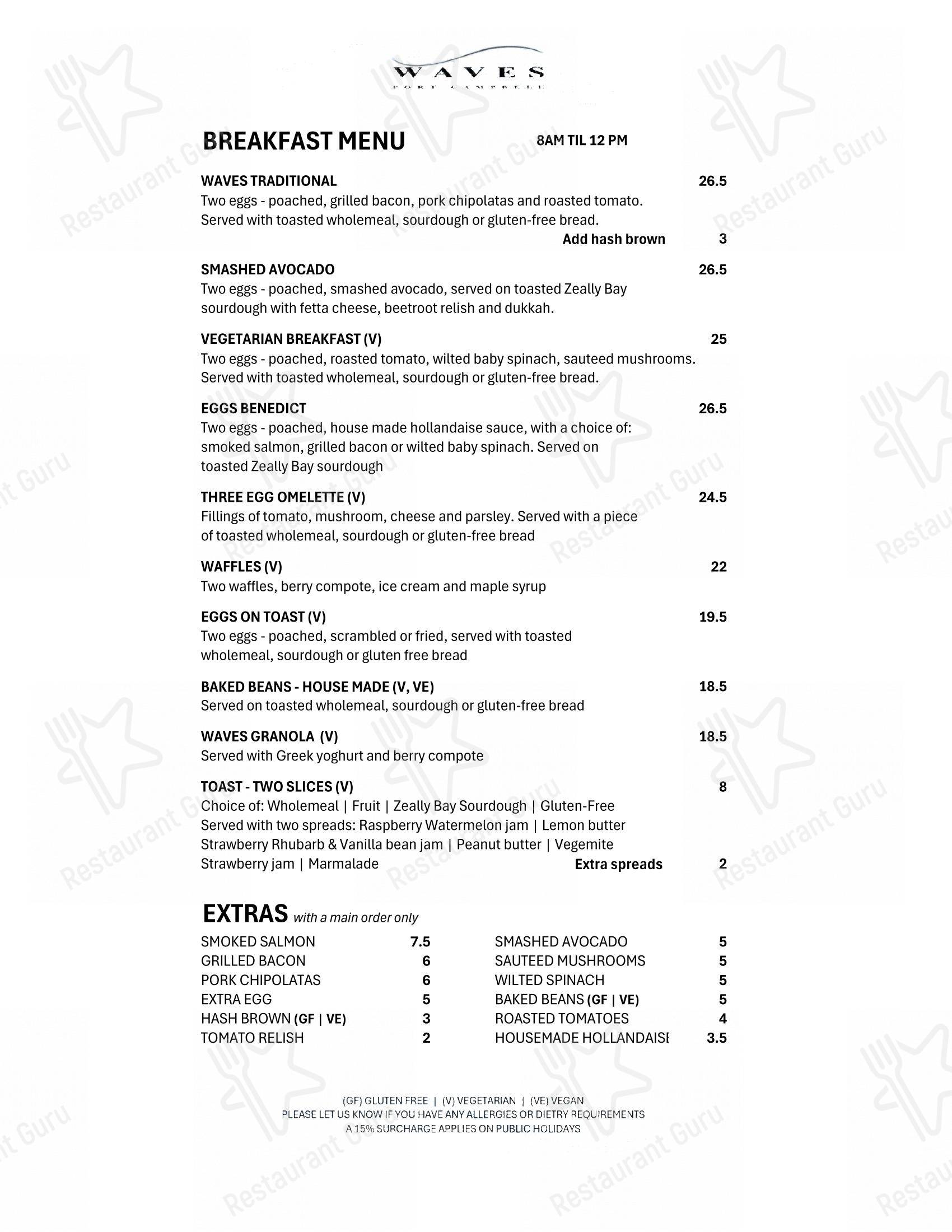 Menu at Waves Cafe, Bar, Restaurant Port Campbell, Port Campbell