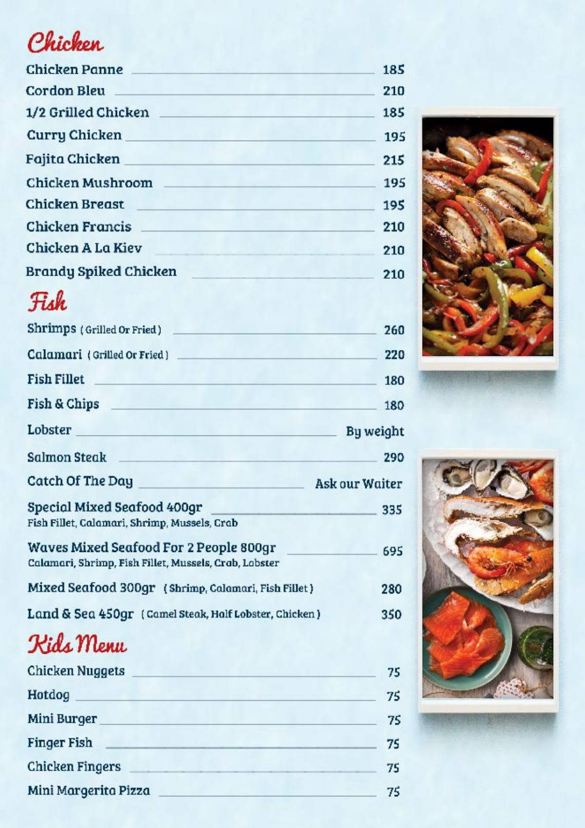 Menu at Waves Restaurant & Lounge Bar, Hurghada, Marina Boulevard
