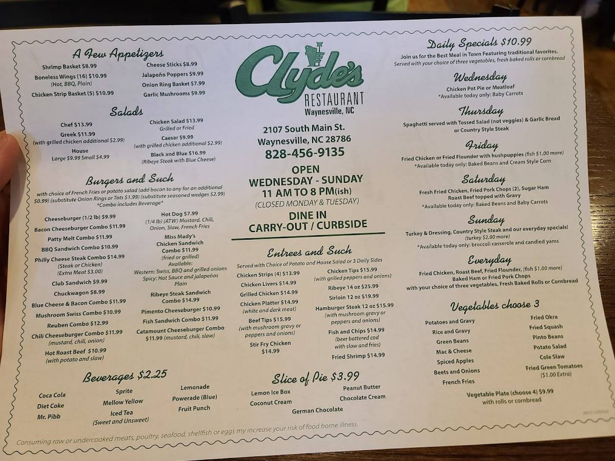 Menu at Clyde's Restaurant, Waynesville