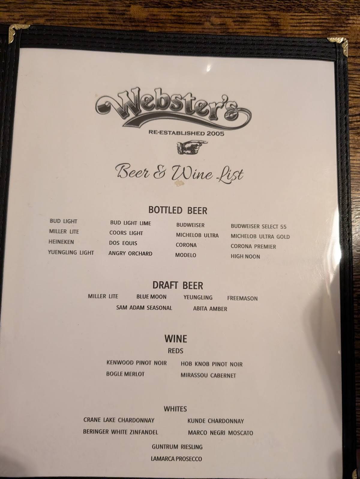 Menu at Webster's restaurant, Greenwood