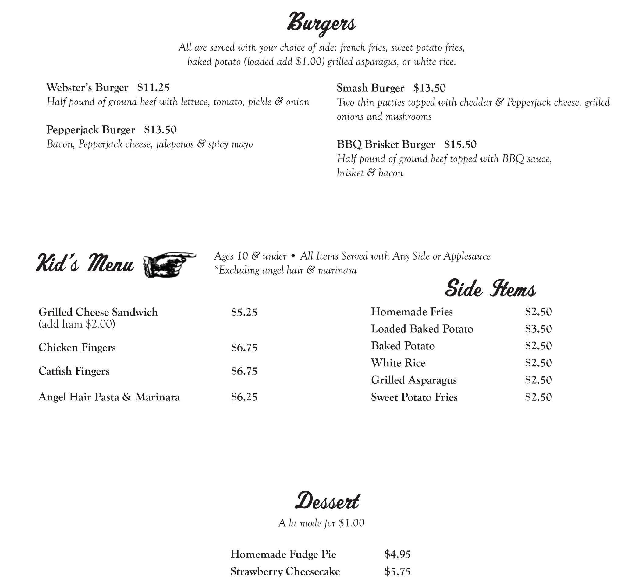 Menu at Webster's restaurant, Greenwood