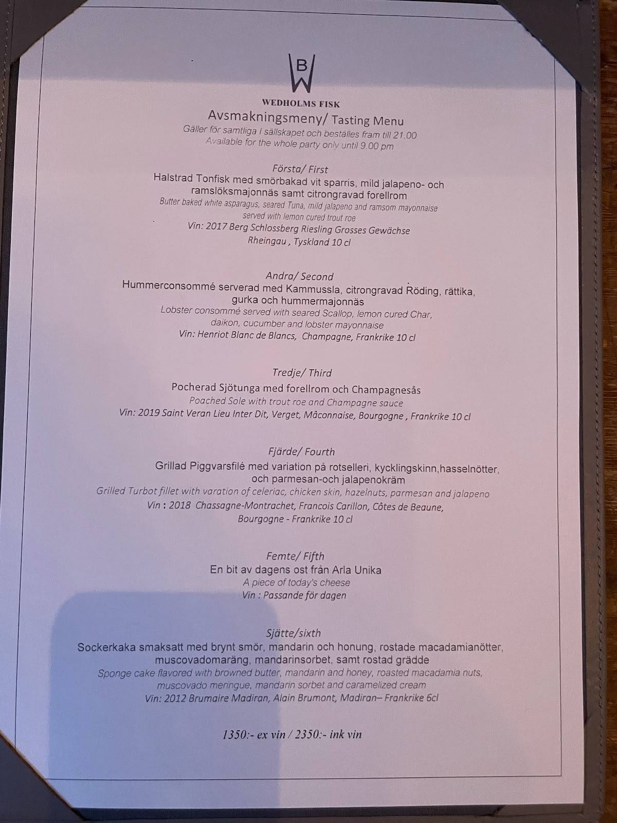 Menu at Wedholms Fisk restaurant, Stockholm