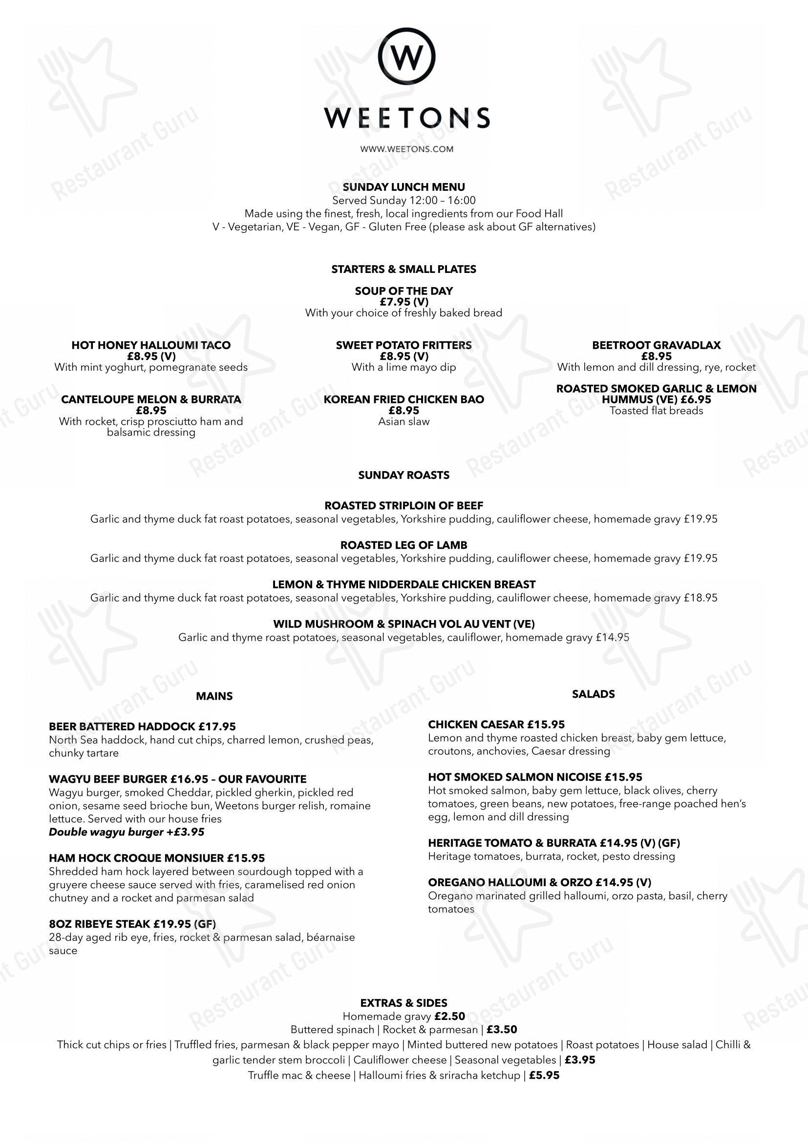 Carta del restaurante Weetons West Park, Harrogate