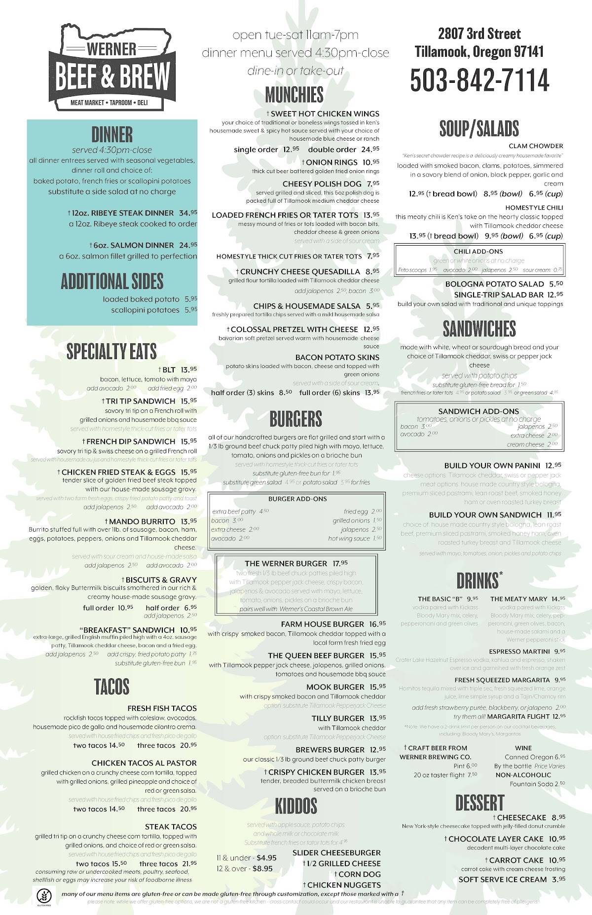 Menu at Werner Beef & Brew restaurant, Tillamook
