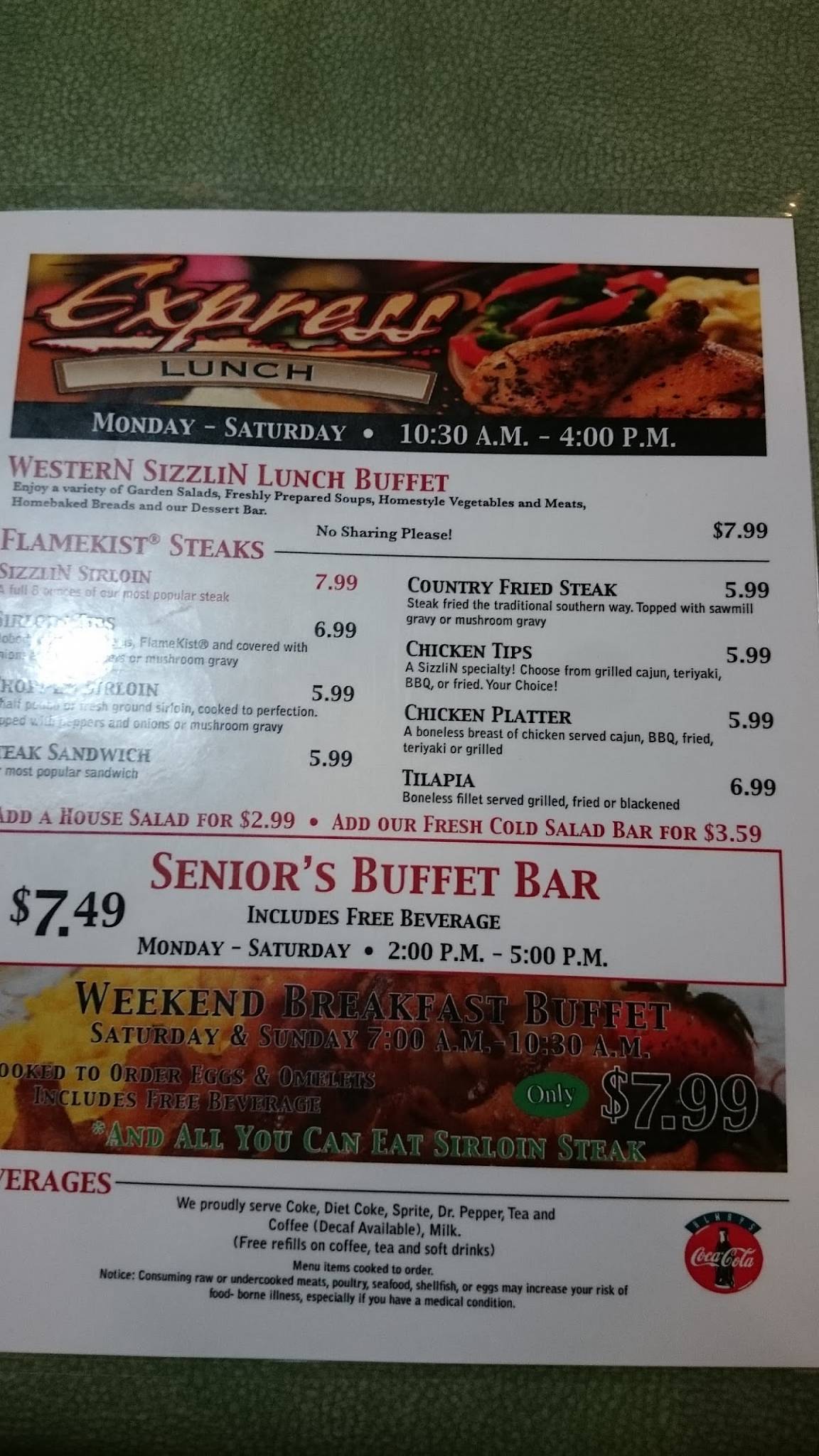 Menu at Western Sizzlin steakhouse, Rainbow City