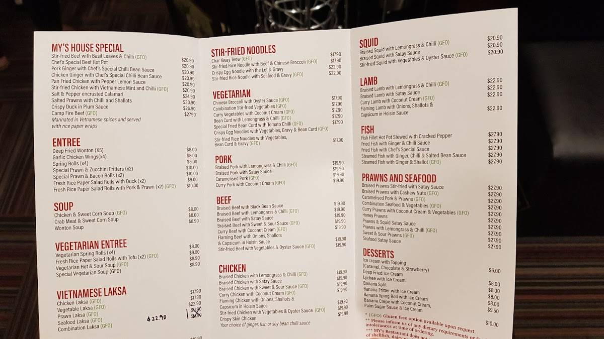 Menu at MY's Restaurant, Garran