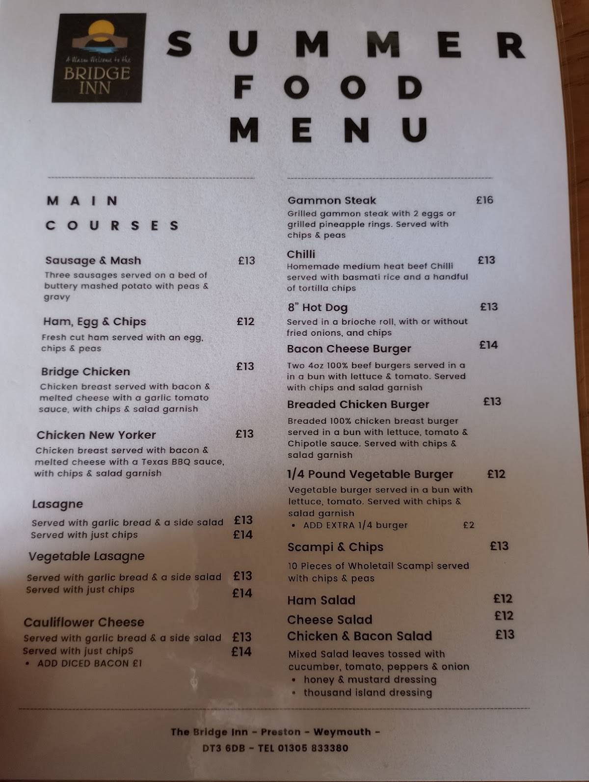 Menu at Bridge Inn pub & bar, Weymouth