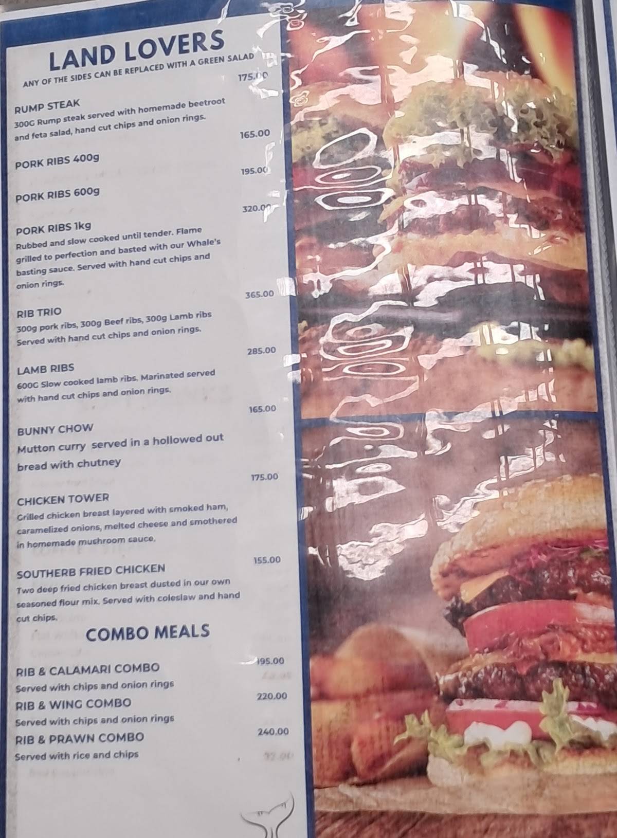 Menu at Whale's Rib Paternoster restaurant, Paternoster