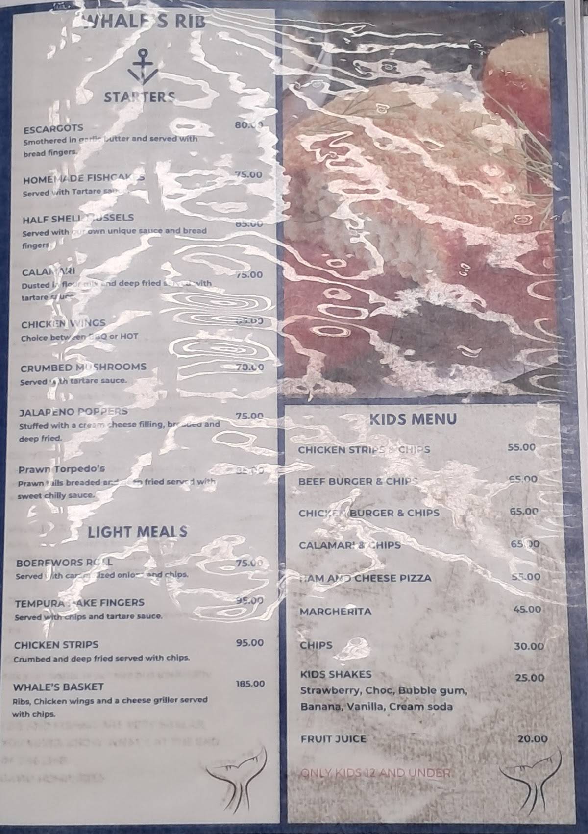 Menu at Whale's Rib Paternoster restaurant, Paternoster