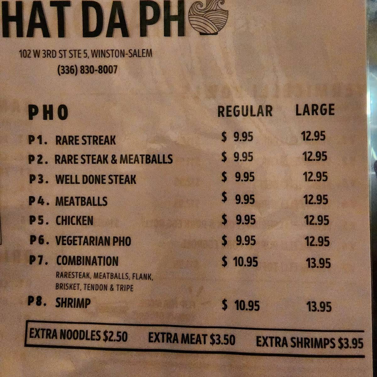 Menu at What Da Pho restaurant, Winston-Salem