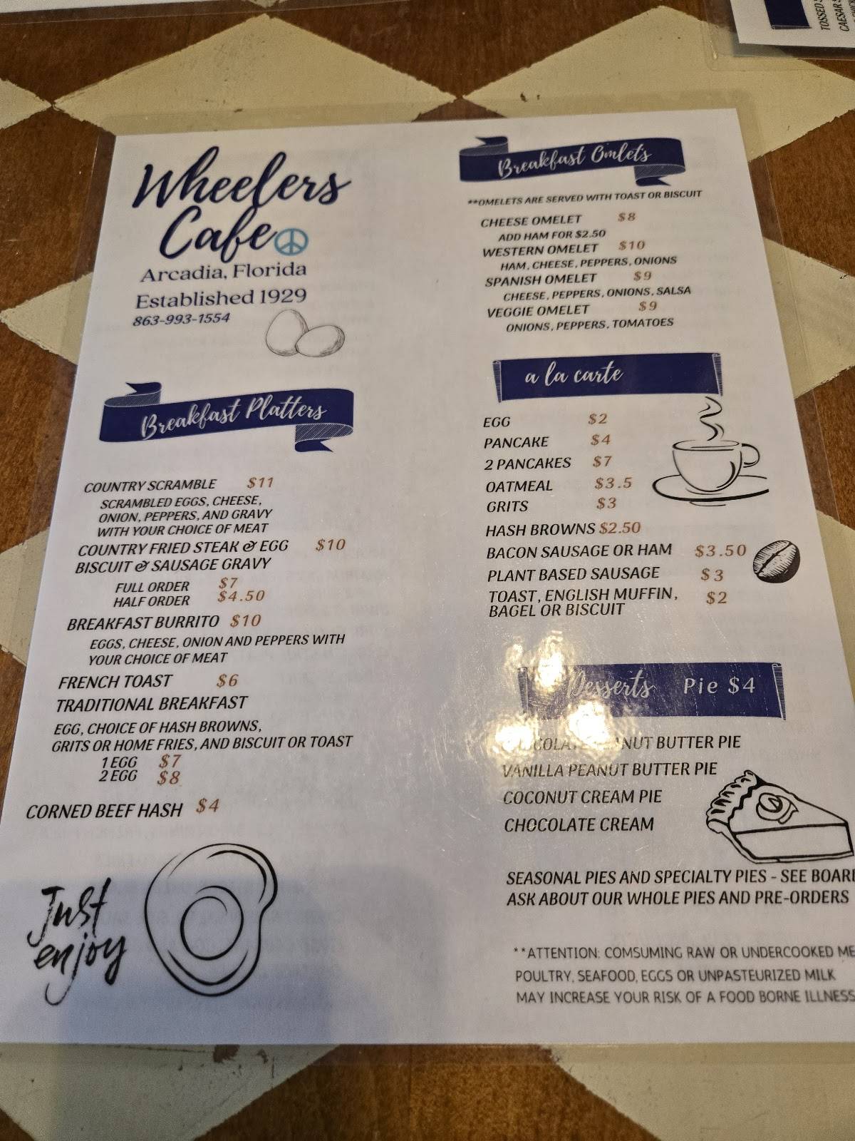 Menu at Wheeler's Cafe Inc., Arcadia