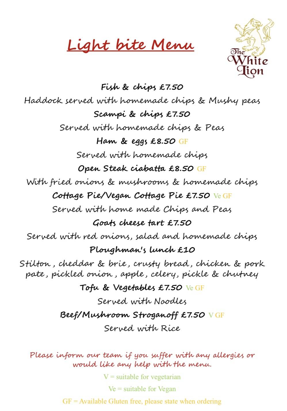 Menu at White Lion restaurant, Oswestry, Castle St