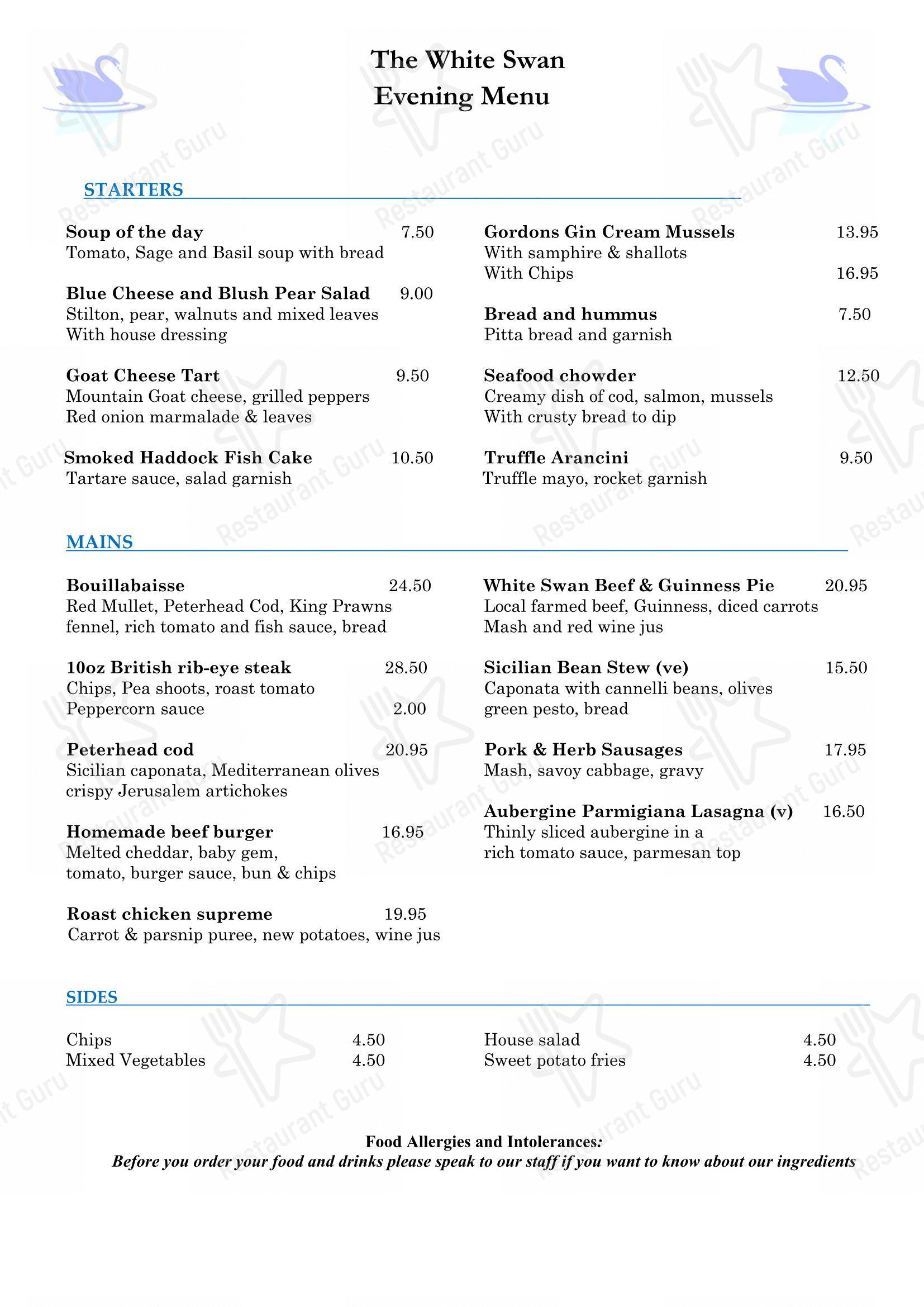Menu at White Swan pub & bar, Richmond, 26 Old Palace Ln