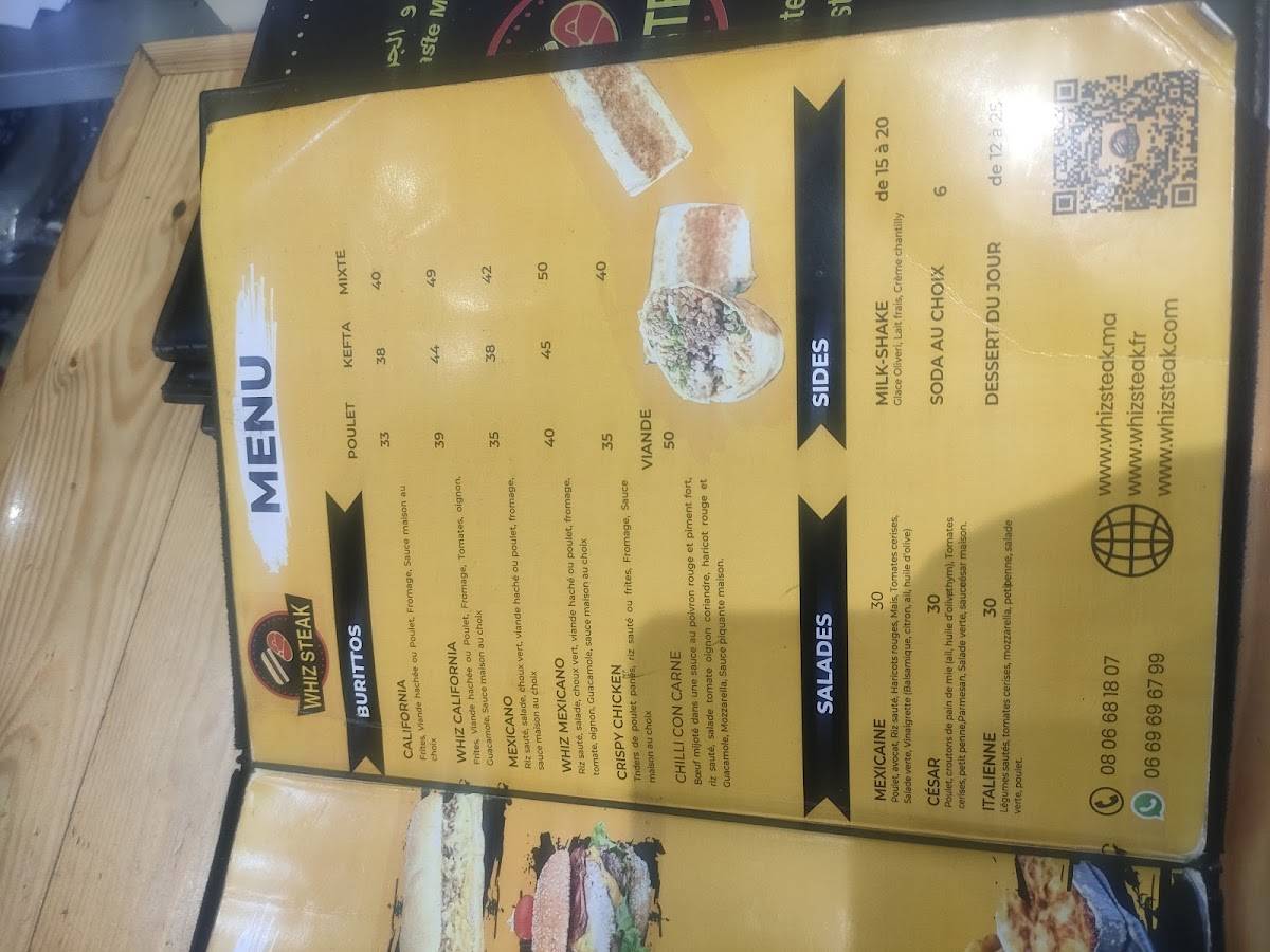 Menu at Whiz Steak restaurant, Casablanca