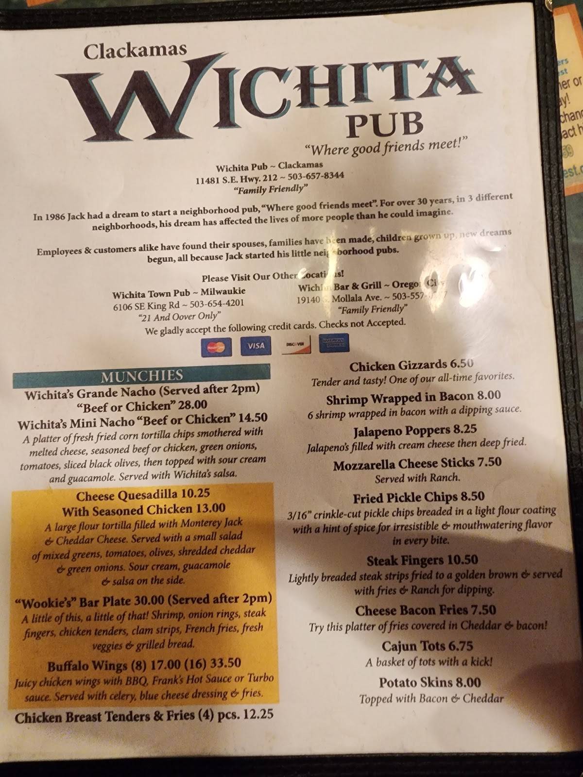 Menu at Wichita Pub, Clackamas