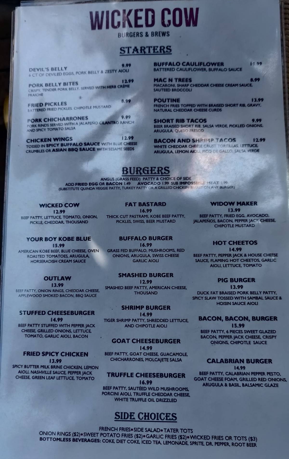 Menu at Wicked Cow Burgers and Brews - Upland pub & bar, Upland