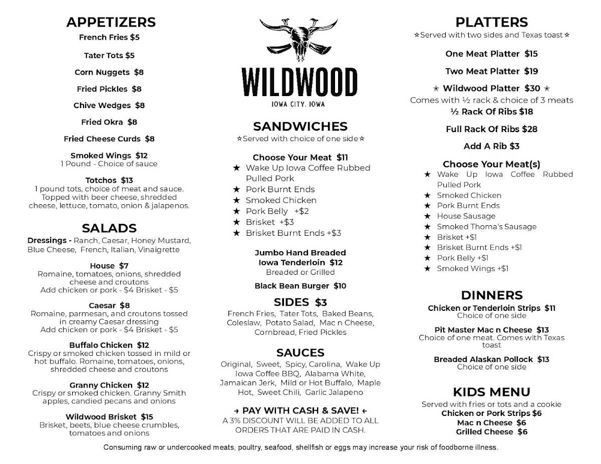 Menu at Wildwood Smokehouse & Saloon BBQ, Iowa City