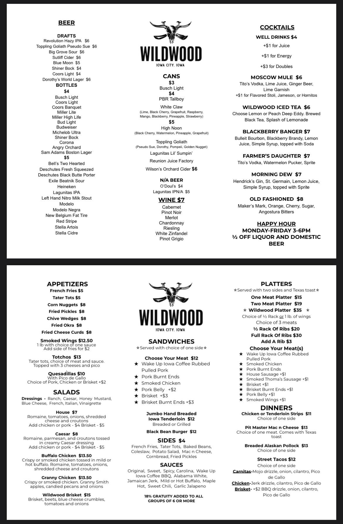 Menu at Wildwood Smokehouse & Saloon BBQ, Iowa City