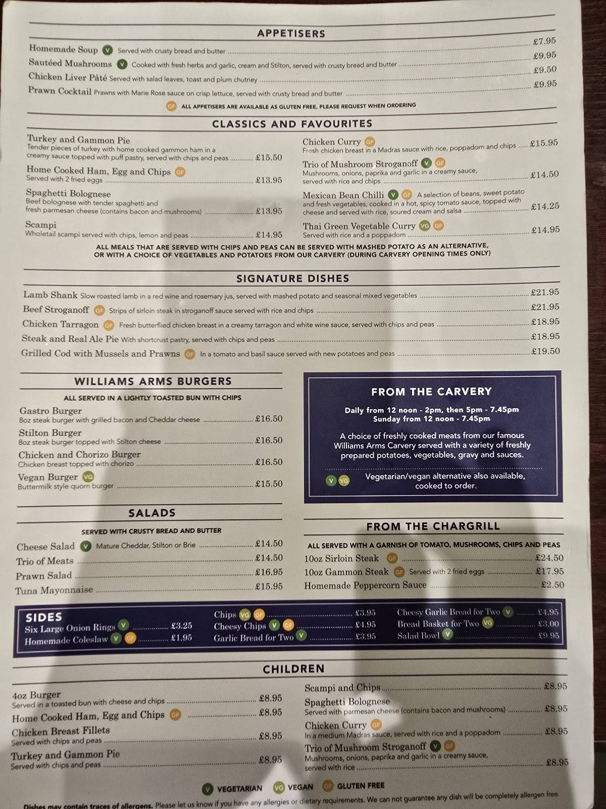 Menu at Williams Arms pub & bar, Braunton, Wrafton