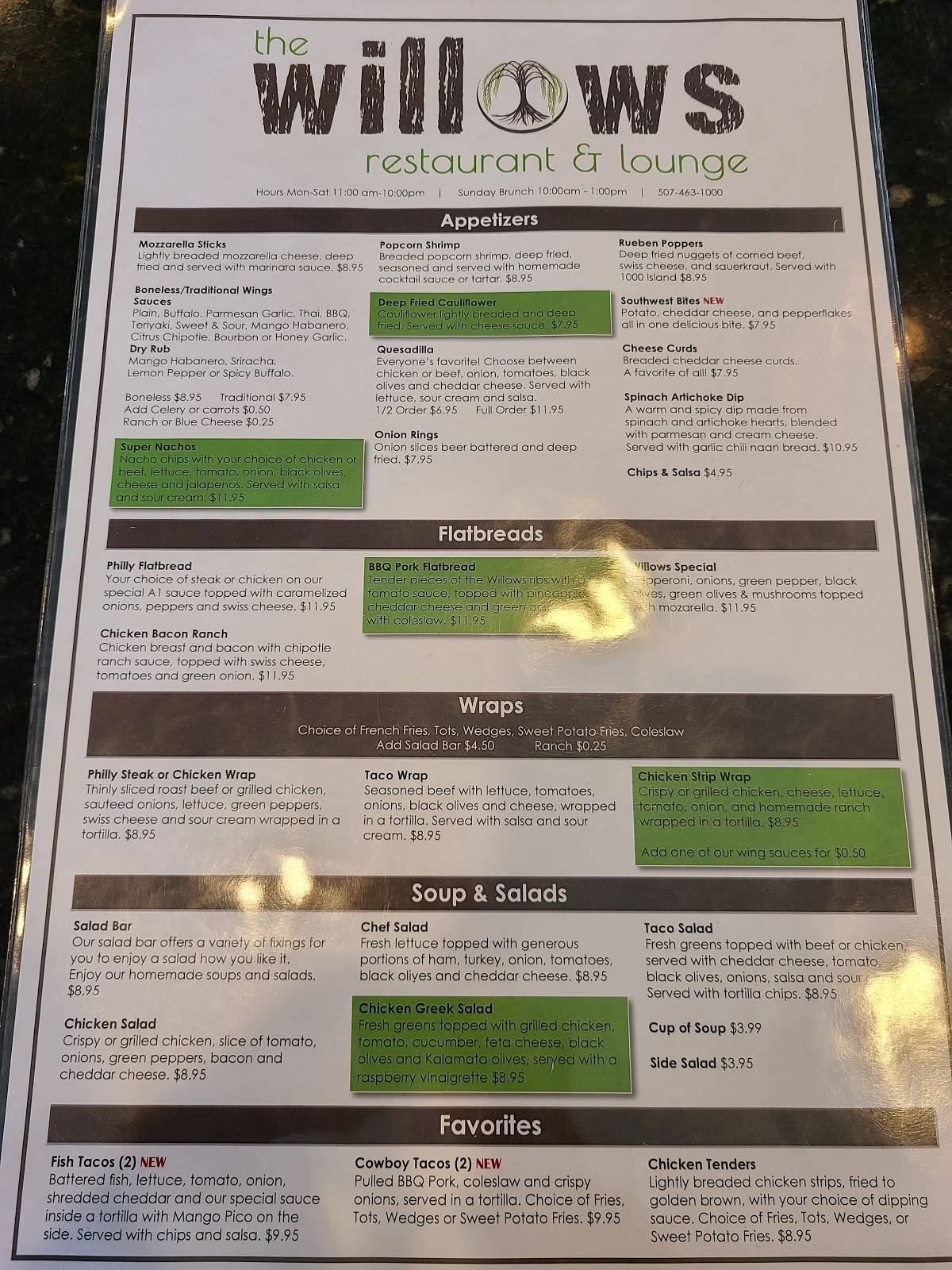 Menu at Willows pub & bar, New Richland