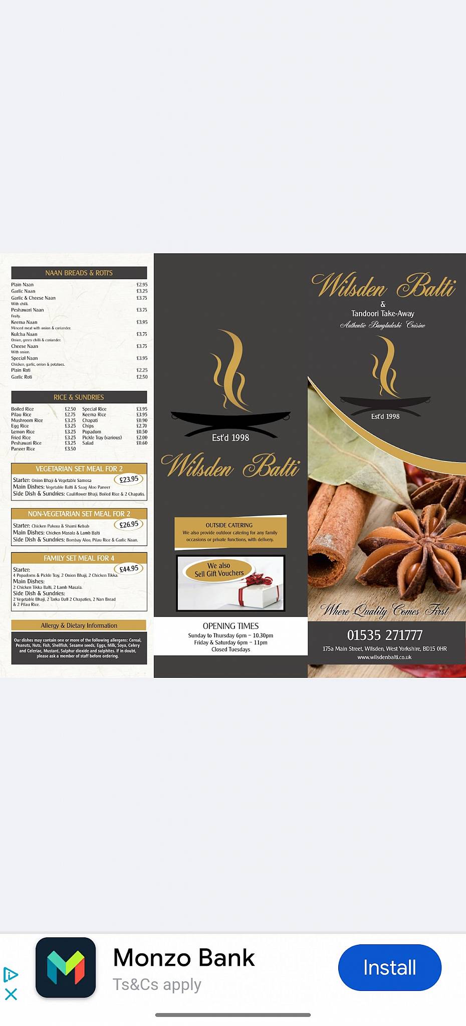 Menu at Wilsden Balti & Tandoori fast food, Bradford