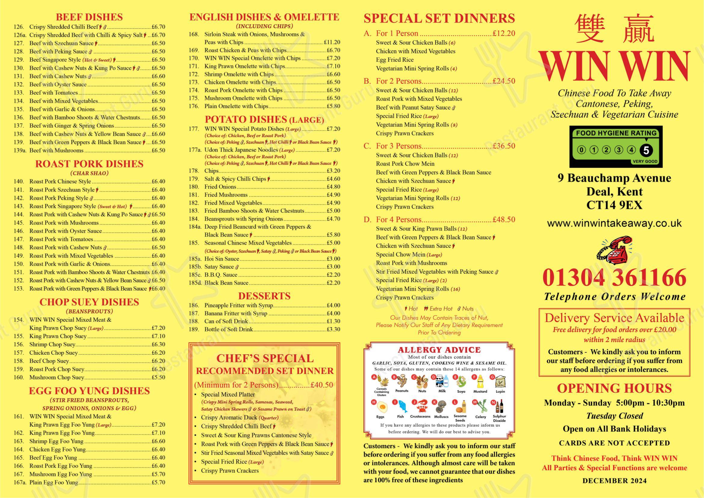 Menu at Win Win Chinese Takeaway restaurant, Deal