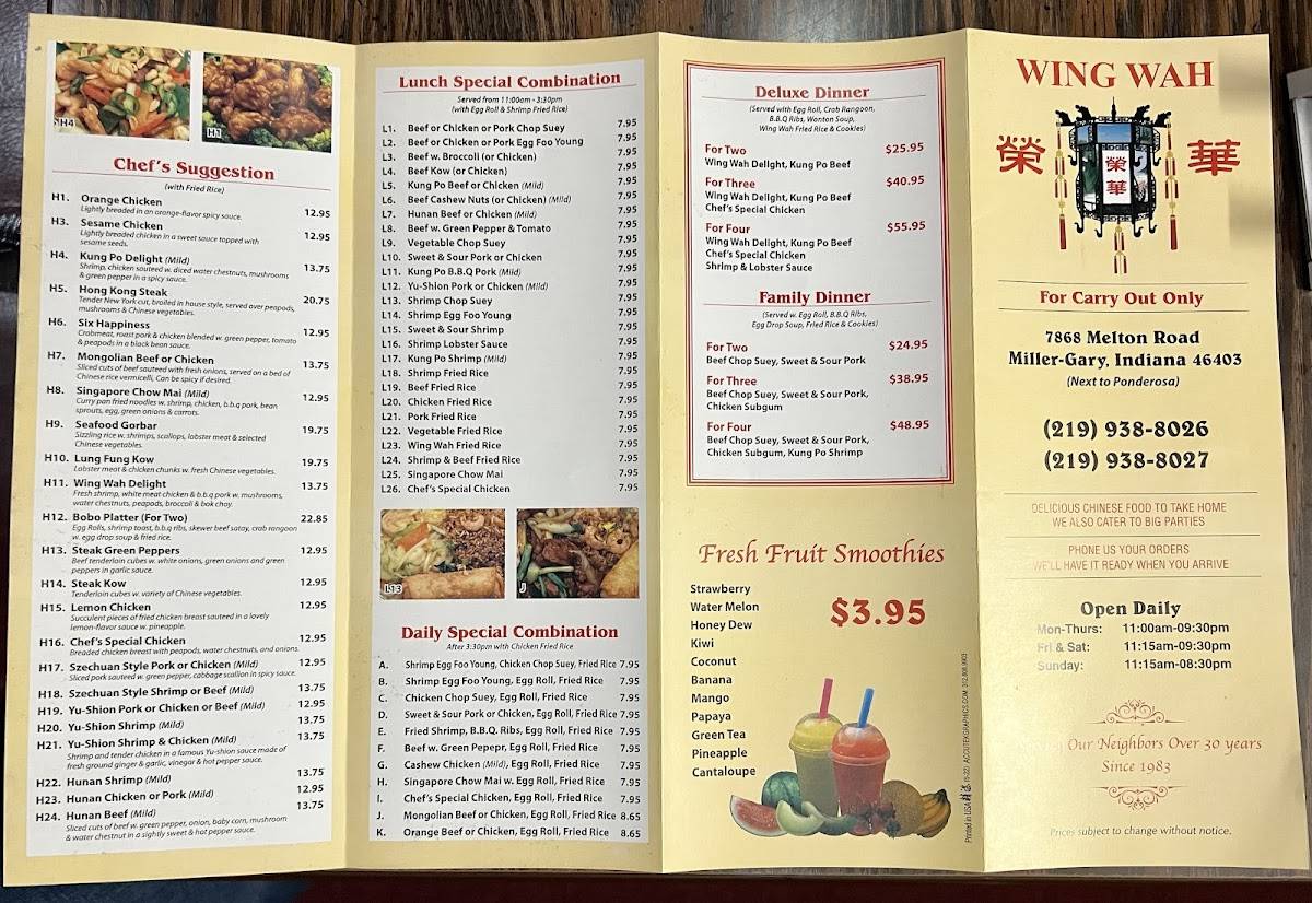Menu at Wing Wah Restaurant, Gary