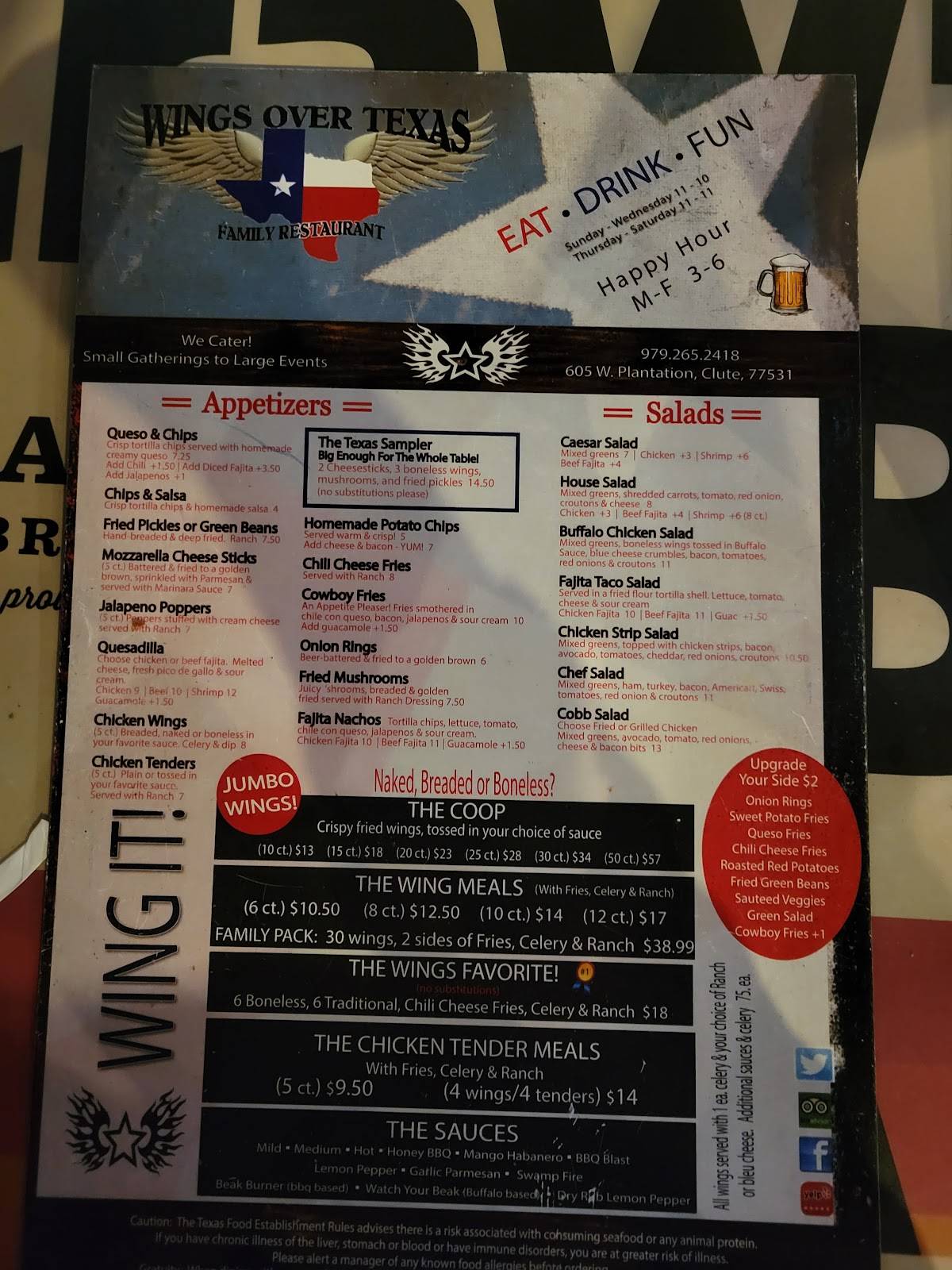 Menu at Wings Over Texas Bar & Grill, Clute, 605 W Plantation Dr