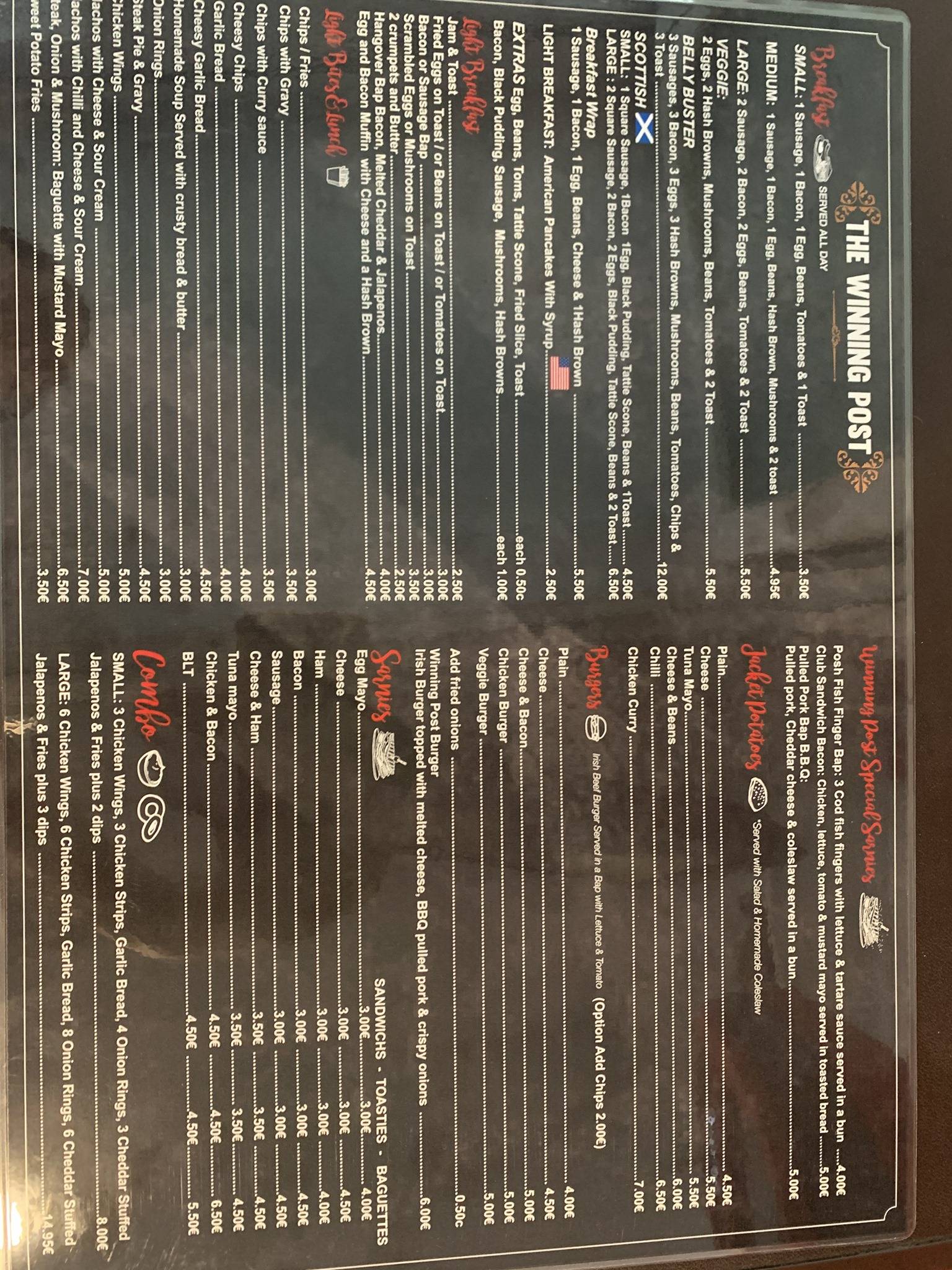 Menu at Winningpost pub & bar, Benidorm