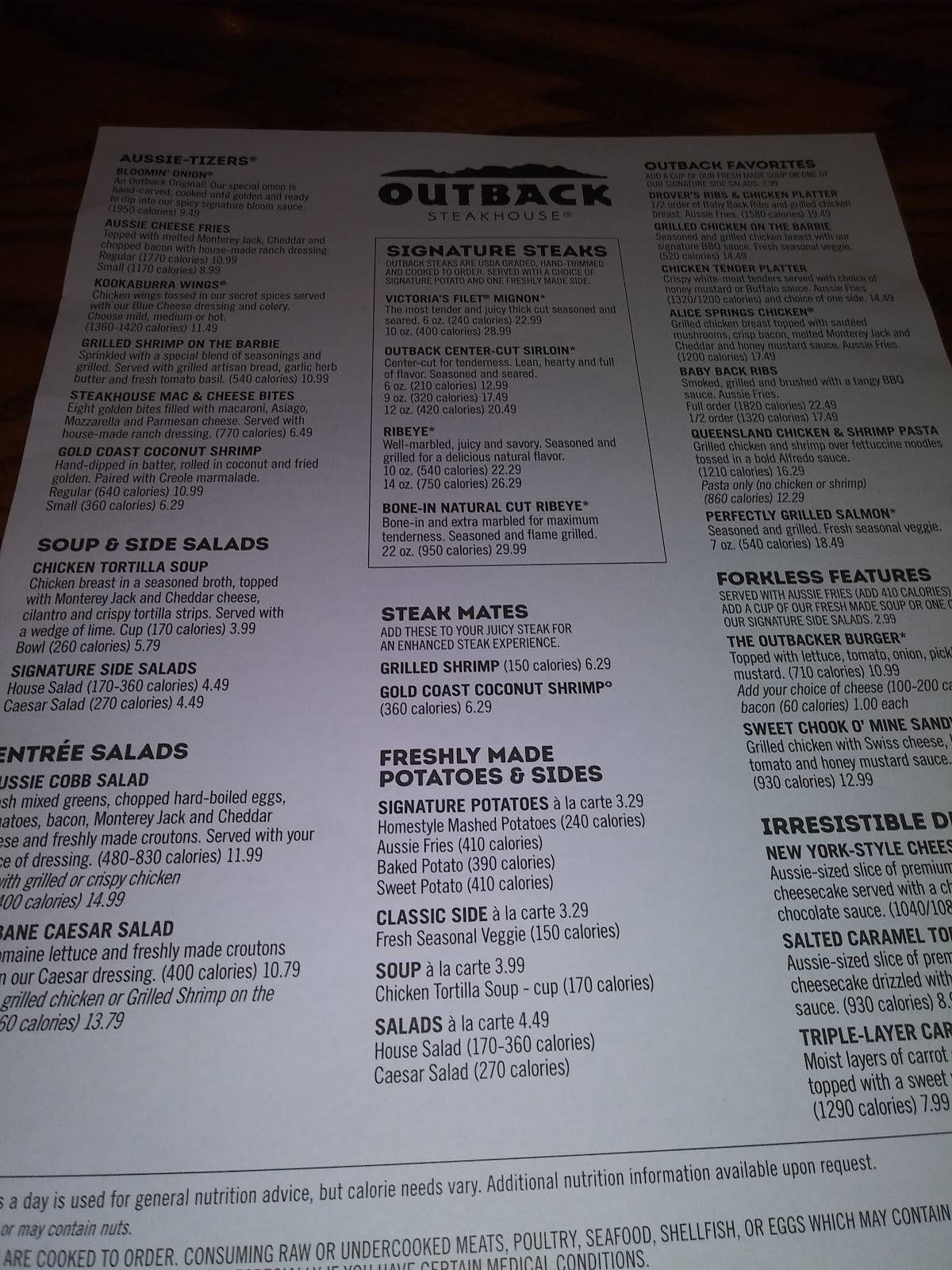 Menu at Outback Steakhouse, Winston-Salem