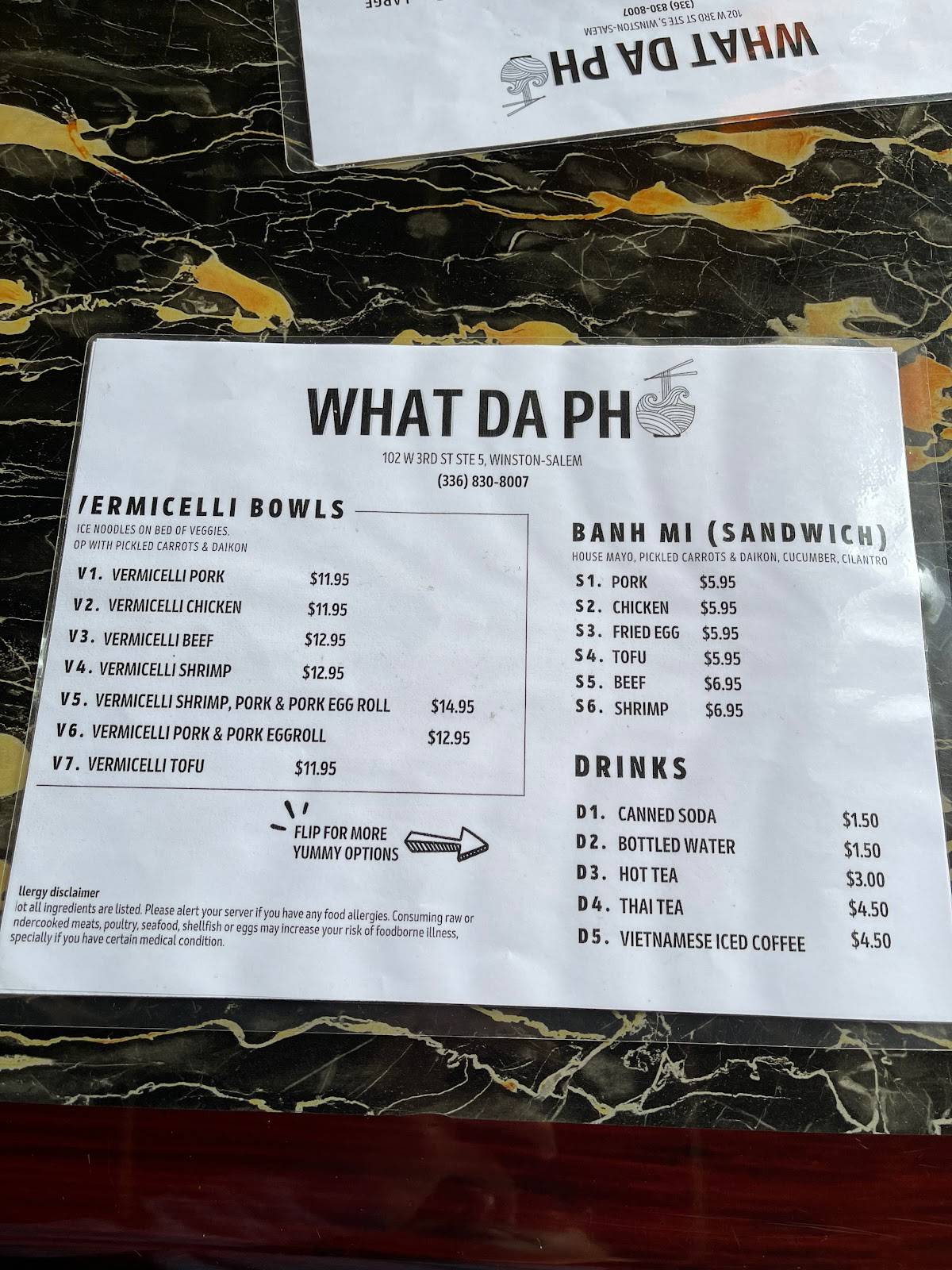 Menu at What Da Pho restaurant, Winston-Salem