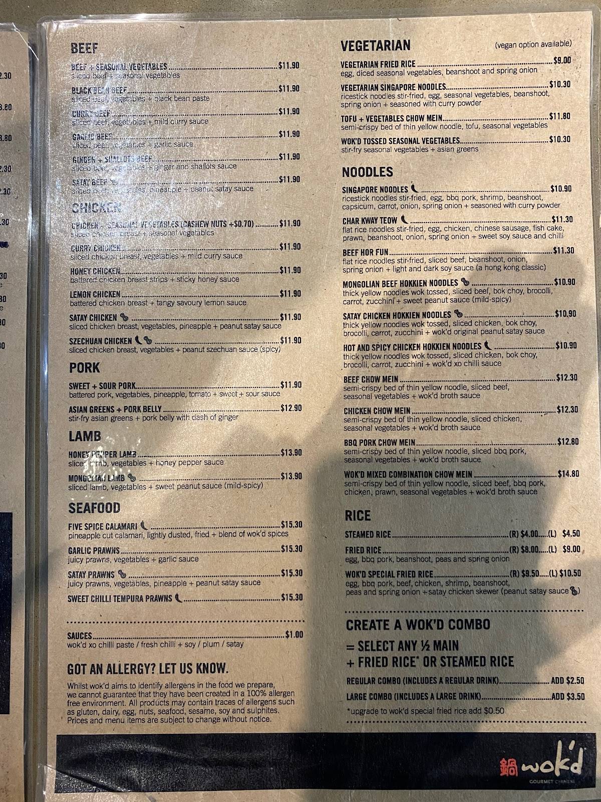 Menu at Wok'd Gourmet Chinese restaurant, Pakenham