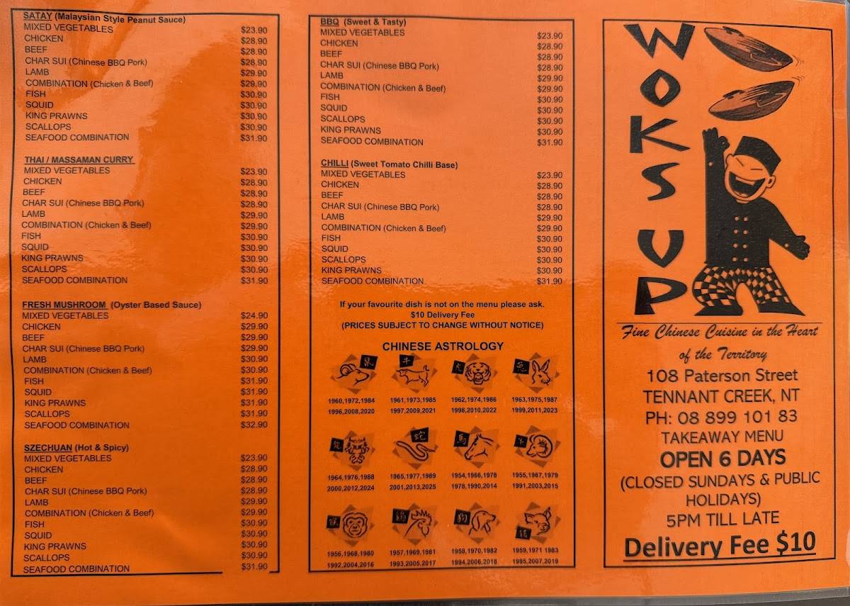 Menu at Woks Up restaurant, Tennant Creek