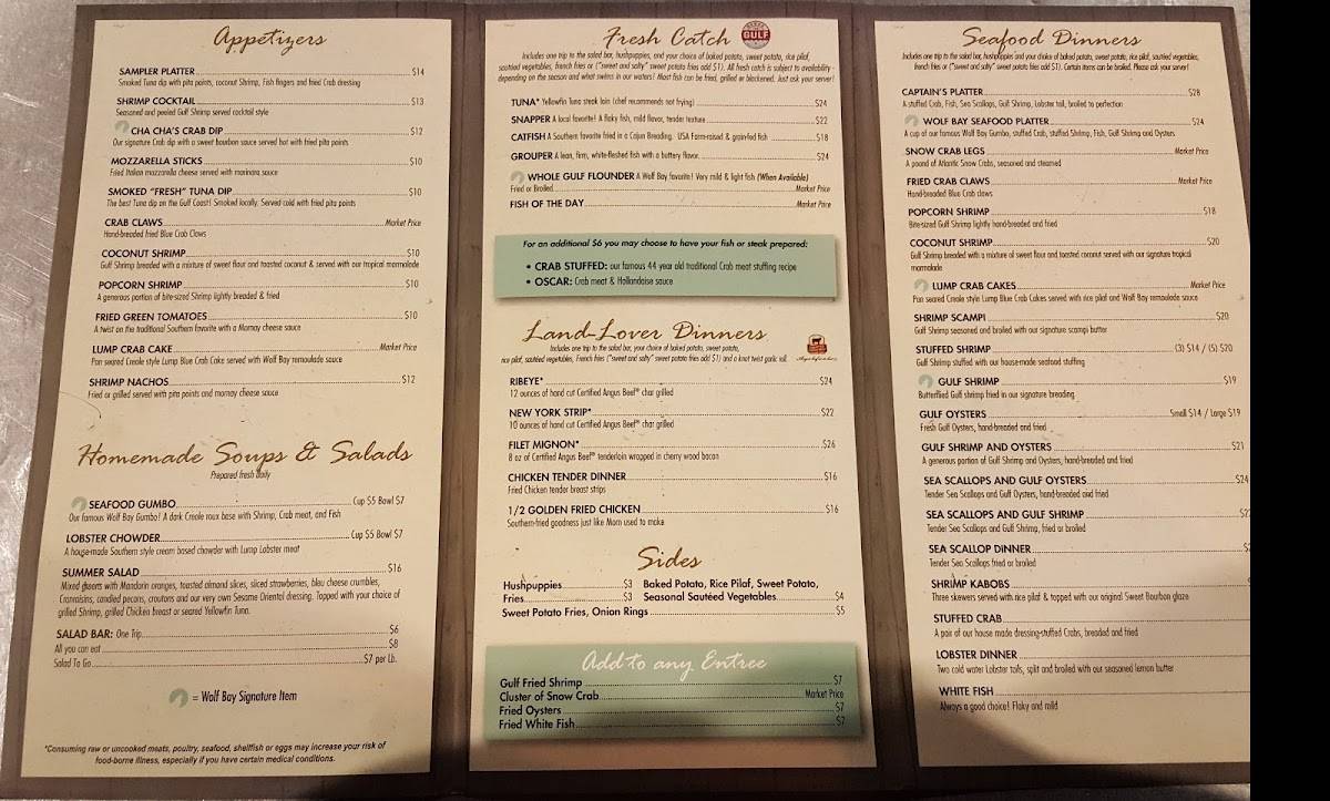 Menu at Wolf Bay Restaurant at Foley, Foley, Miflin Rd