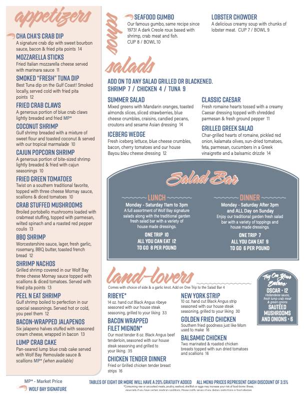Menu at Wolf Bay Restaurant at Foley, Foley, Miflin Rd