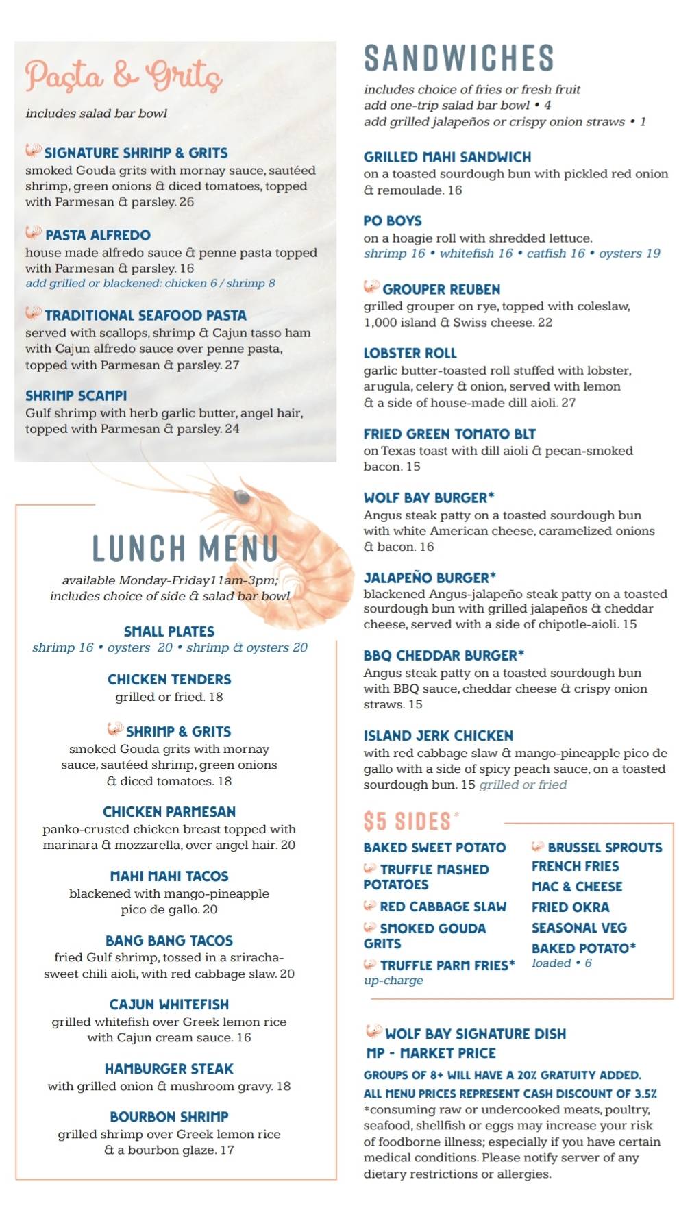 Menu at Wolf Bay Restaurant at Foley, Foley, Miflin Rd