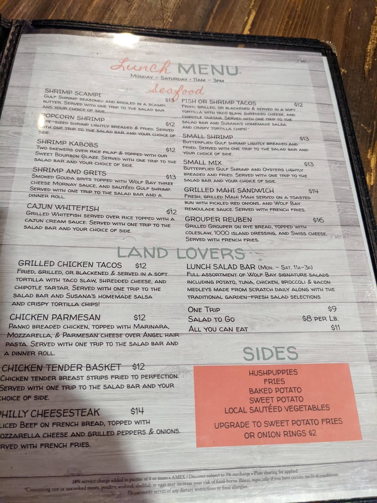 Menu at Wolf Bay Restaurant at Foley, Foley, Miflin Rd