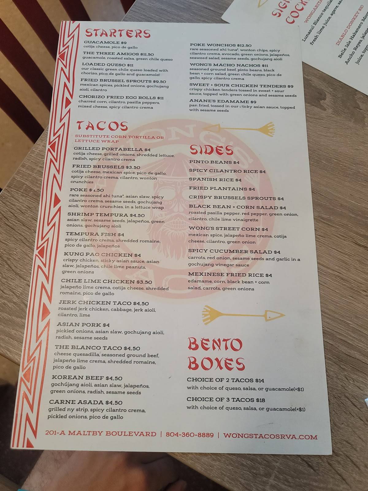 Menu at Wong's Tacos - Greengate restaurant, Richmond