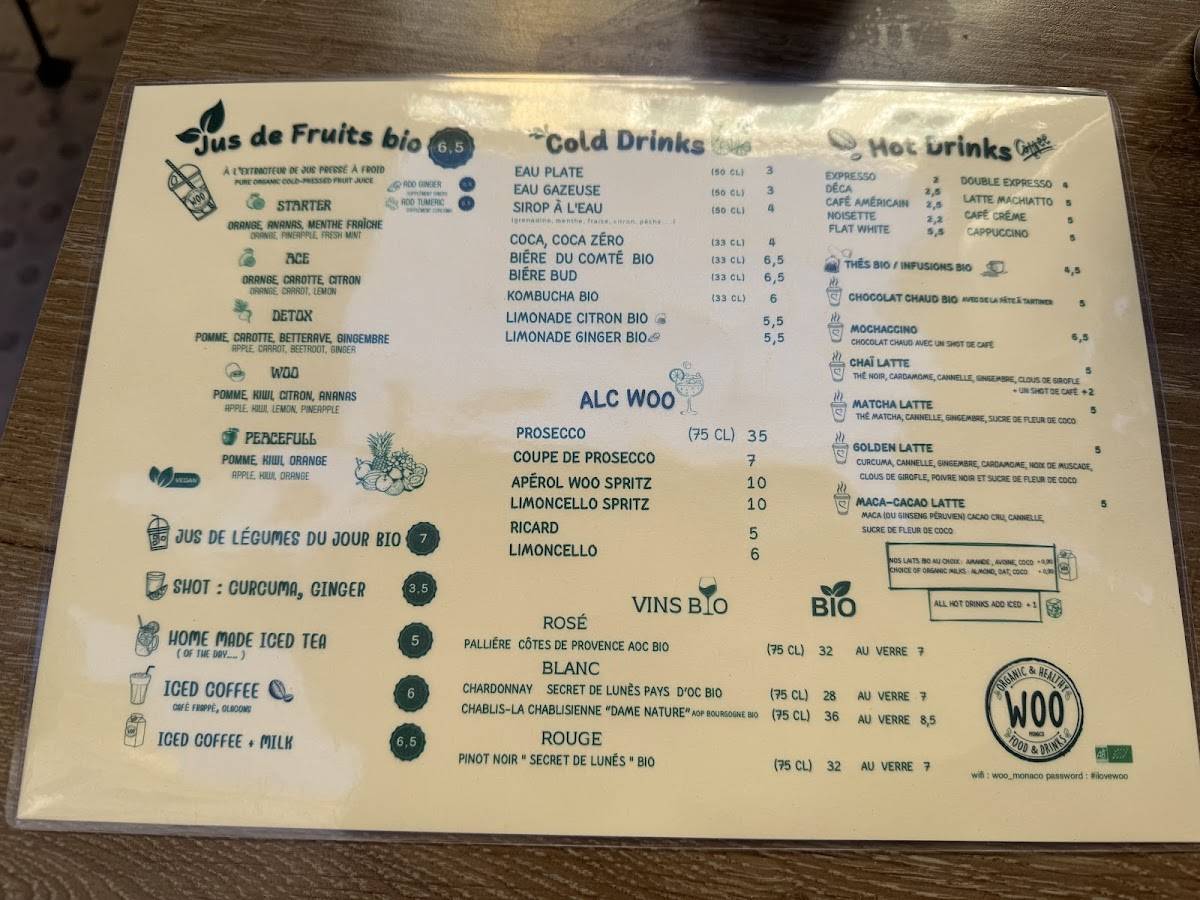 Menu au Woo Monaco restaurant, Monaco