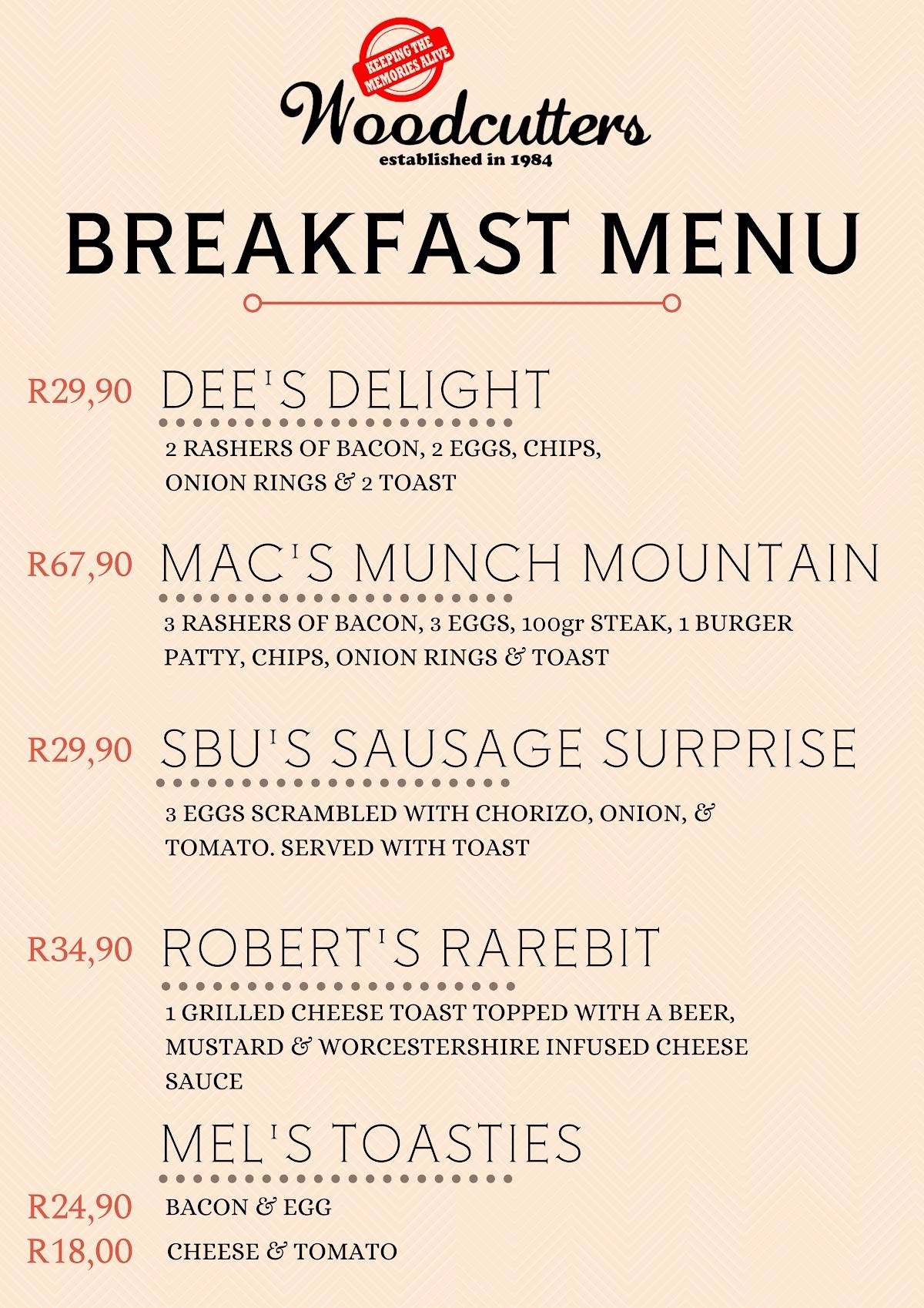 Menu at Woodcutters Restaurant, Durban
