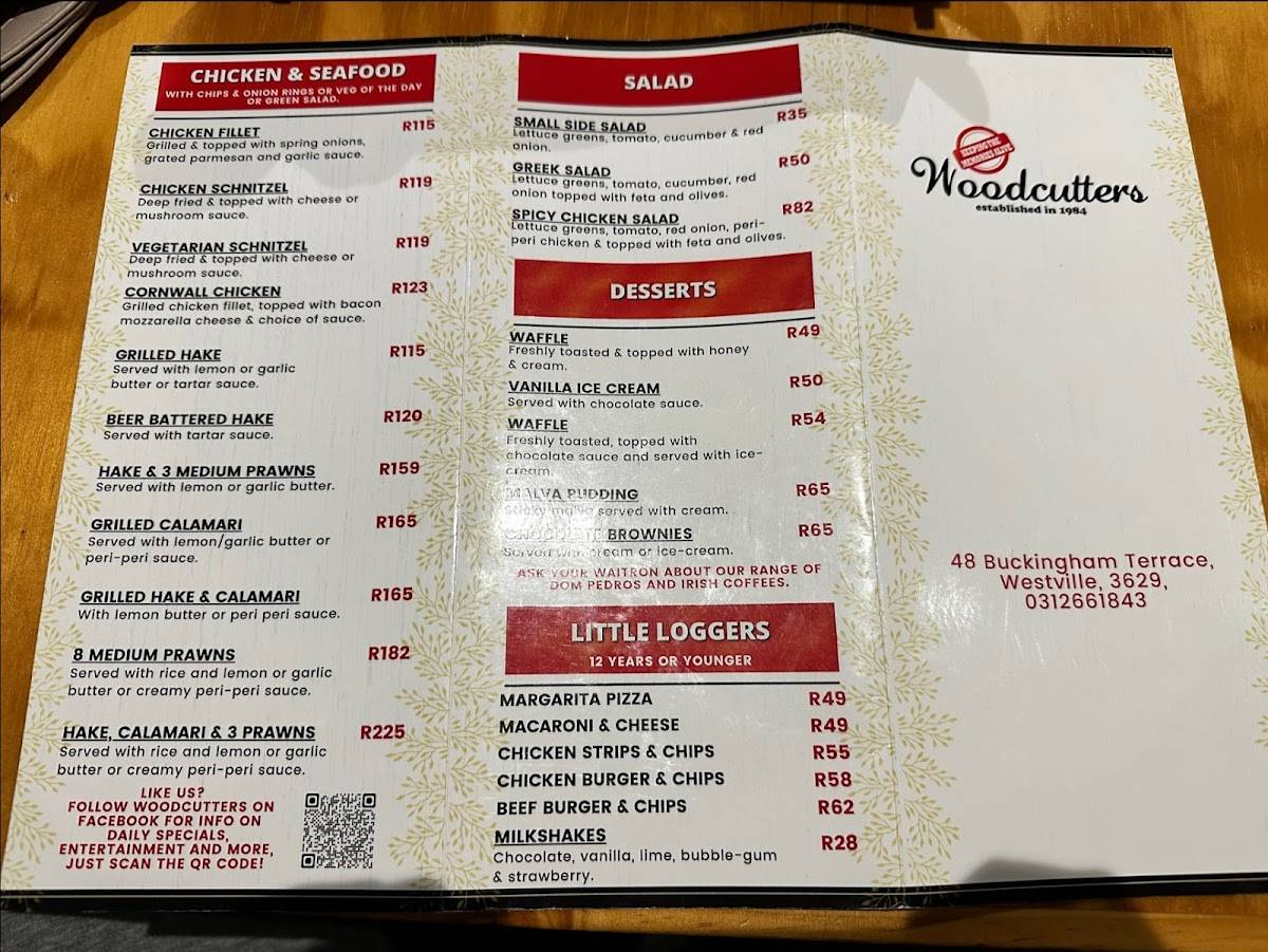 Menu at Woodcutters Restaurant, Durban