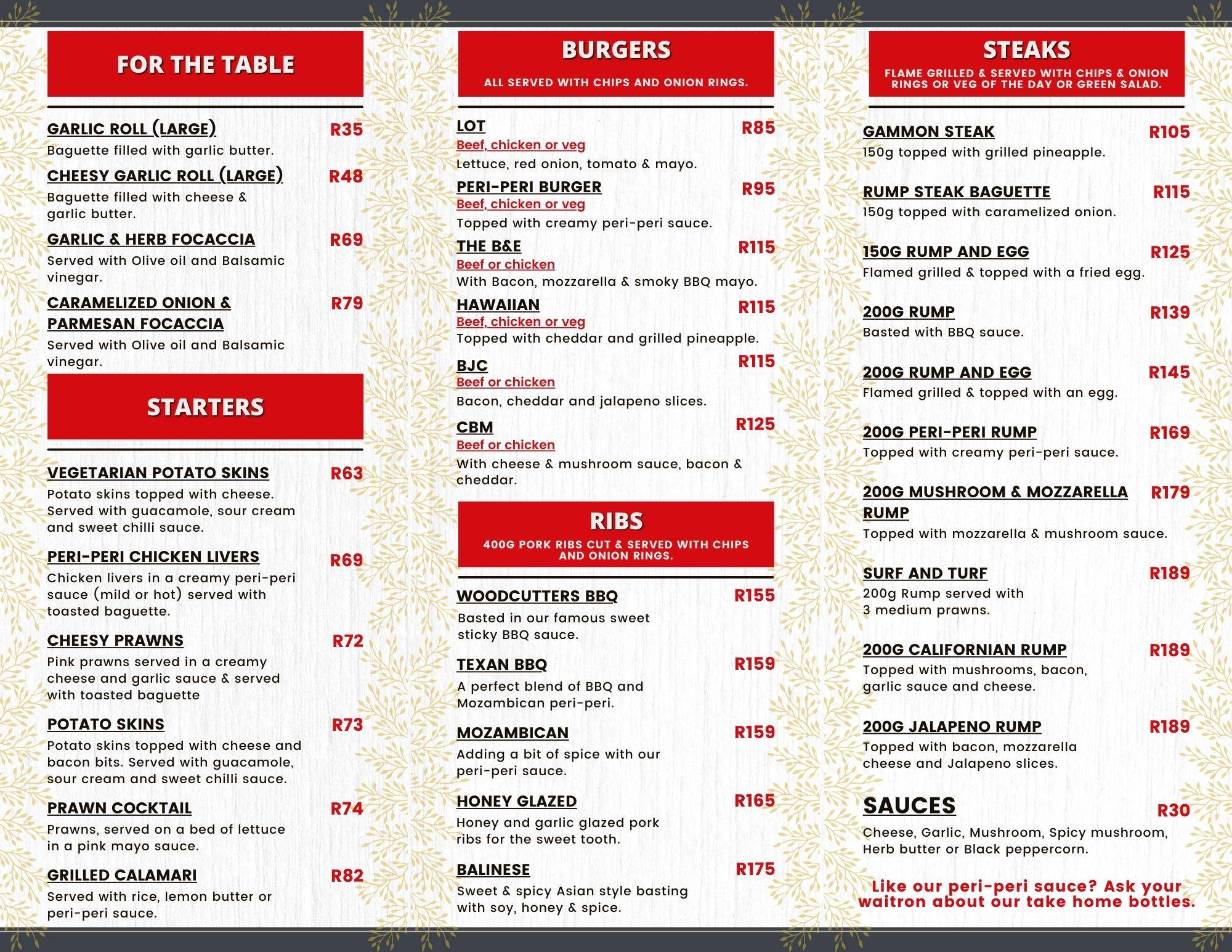 Menu at Woodcutters Restaurant, Durban