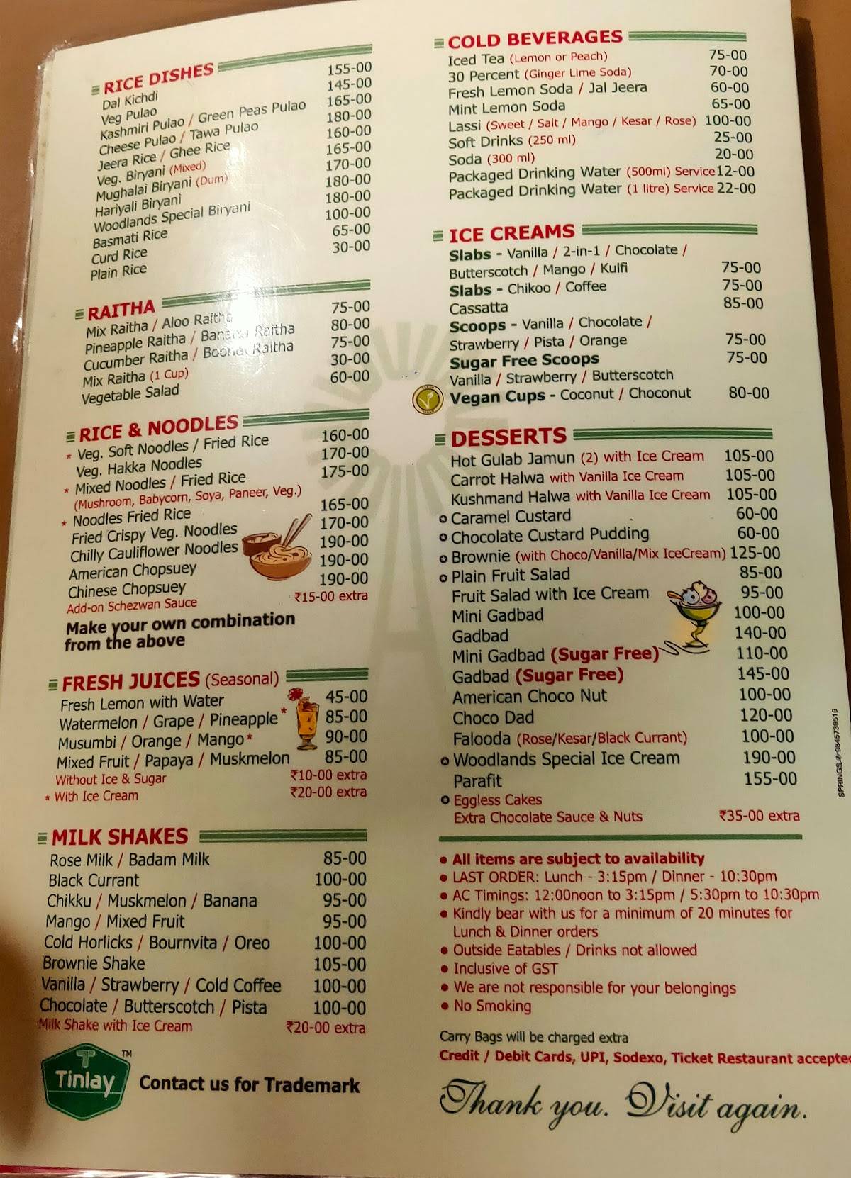 Menu at Woodlands Restaurant, Udupi, Dr. U. R. RAO Complex