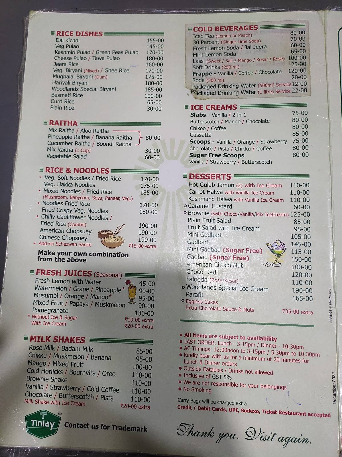 Menu at Woodlands Restaurant, Udupi, Dr. U. R. RAO Complex