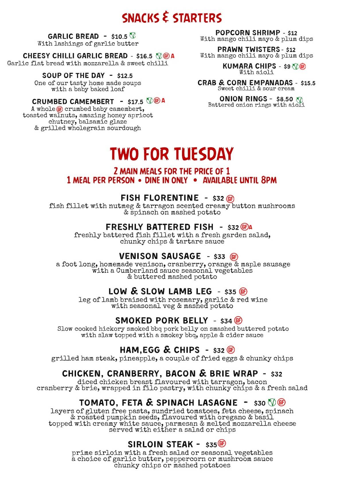 Menu at Woodstock Greymouth restaurant, Greymouth