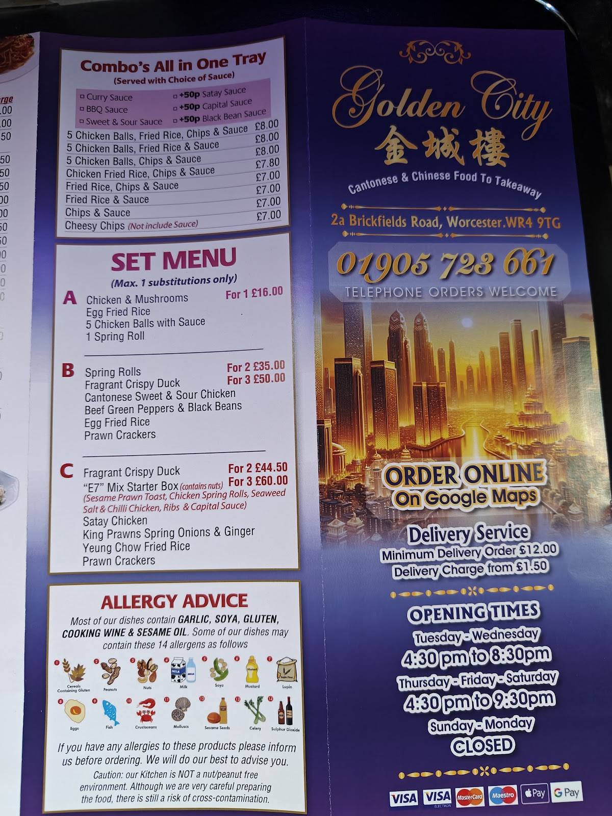 Menu at Golden City fast food, Worcester