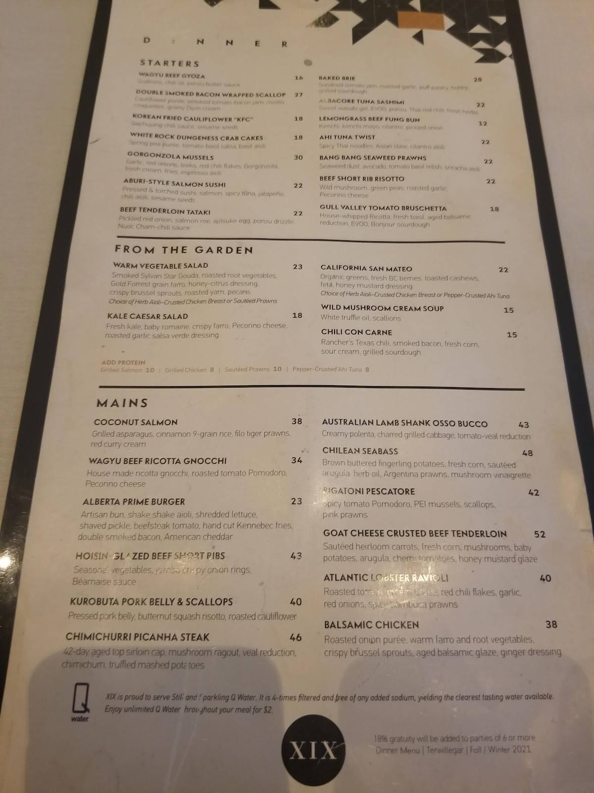 Menu at XIX Nineteen restaurant, Edmonton, Mullen Way