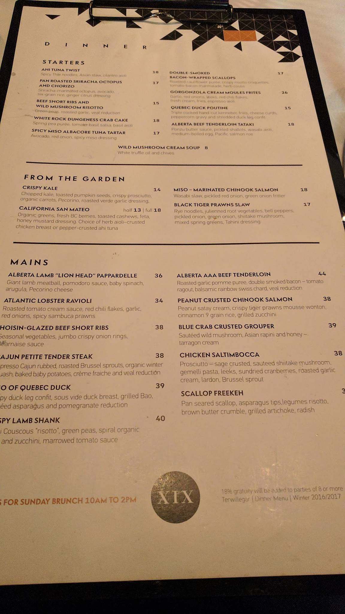 Menu at XIX Nineteen restaurant, Edmonton, Mullen Way
